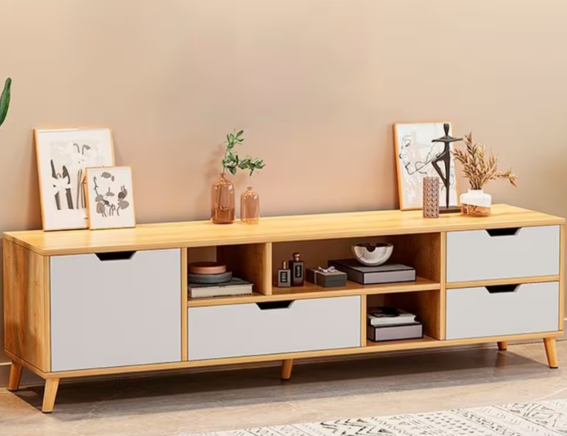 Rack TV Madera Minimalista 4 Cajones 140 cm Color Natural y Blanco ...
